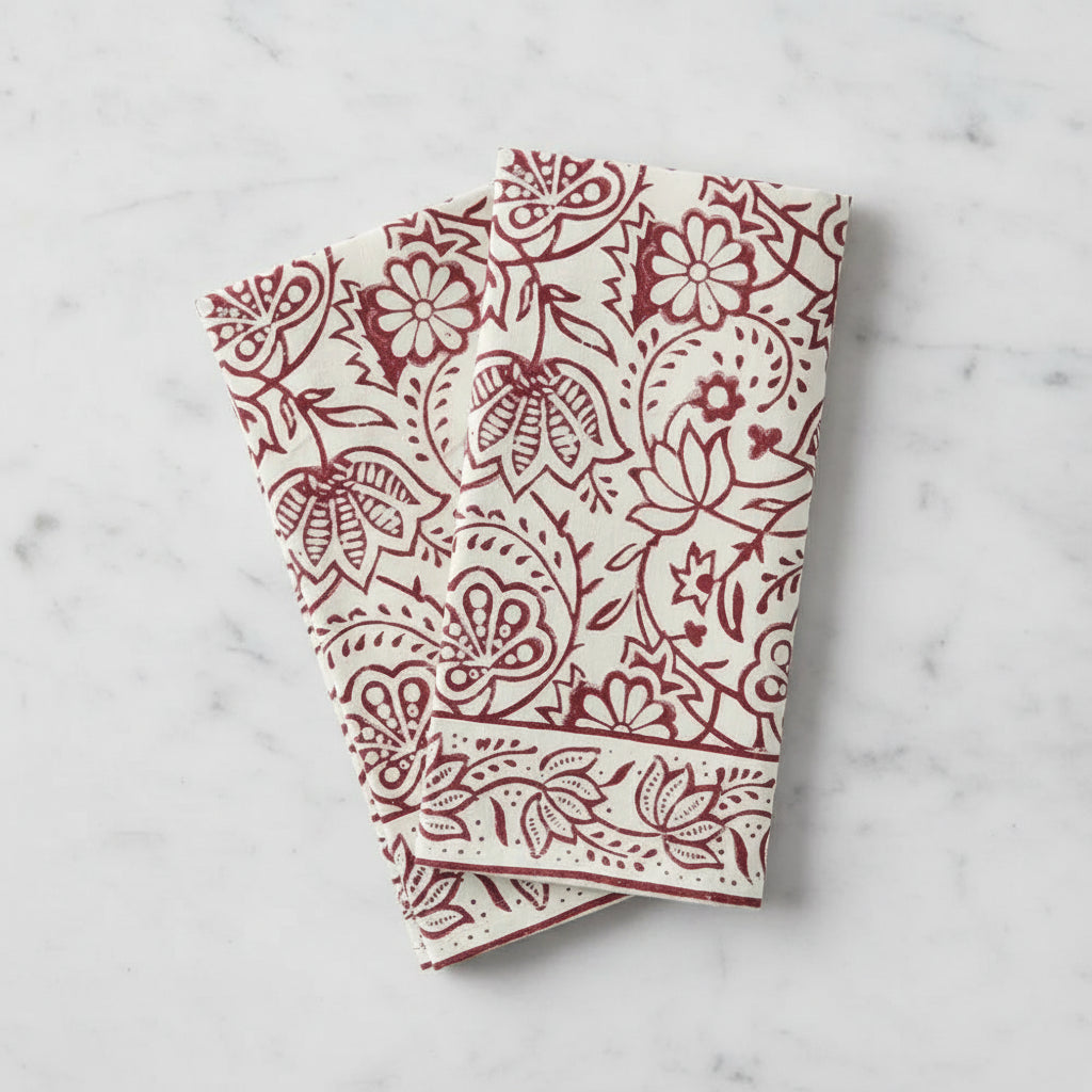 Cranberry Vine Block Print Napkins with Floral – Rookery Home